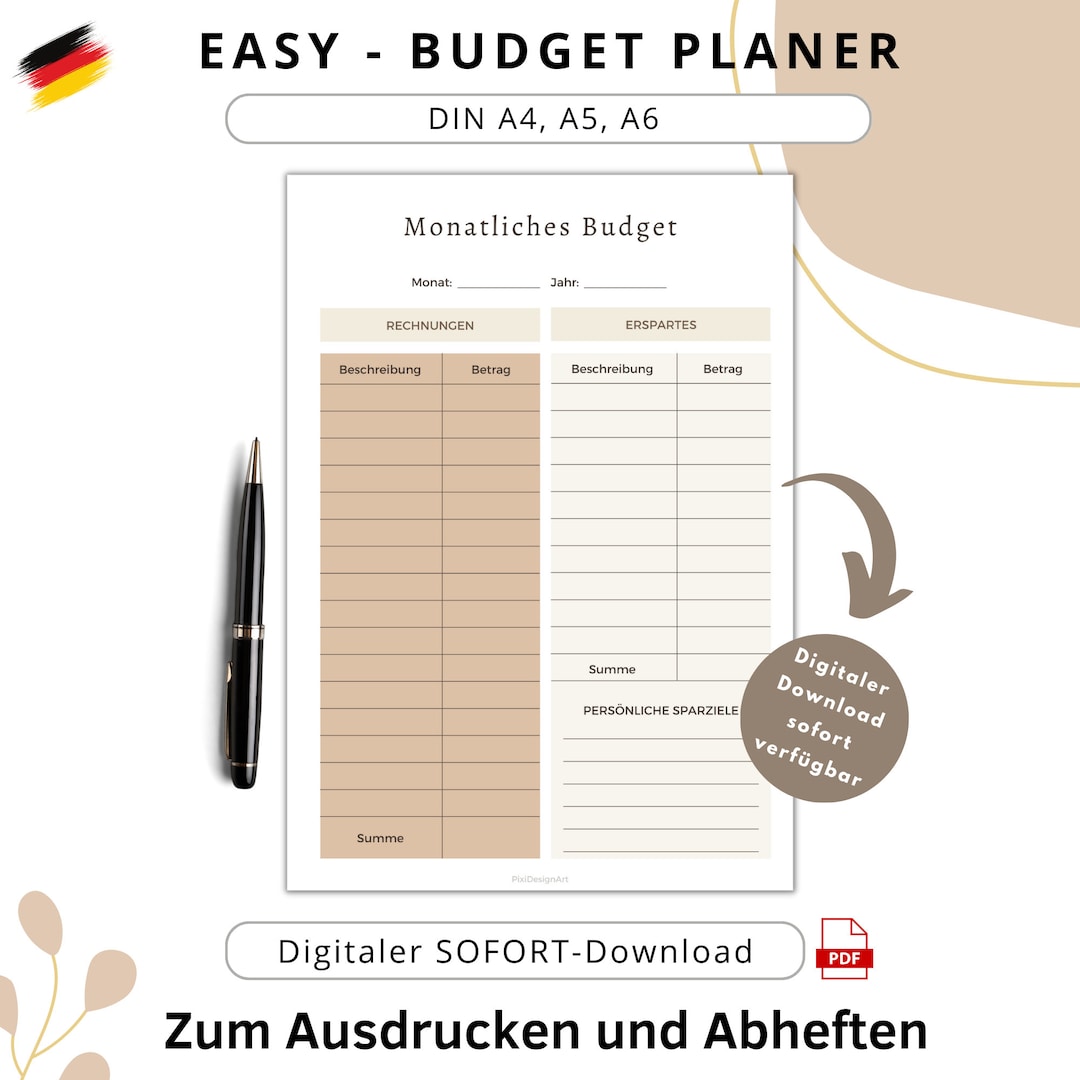 Budget Planner German, Easy, Fixed Costs for Binder, Savings Tracker ...