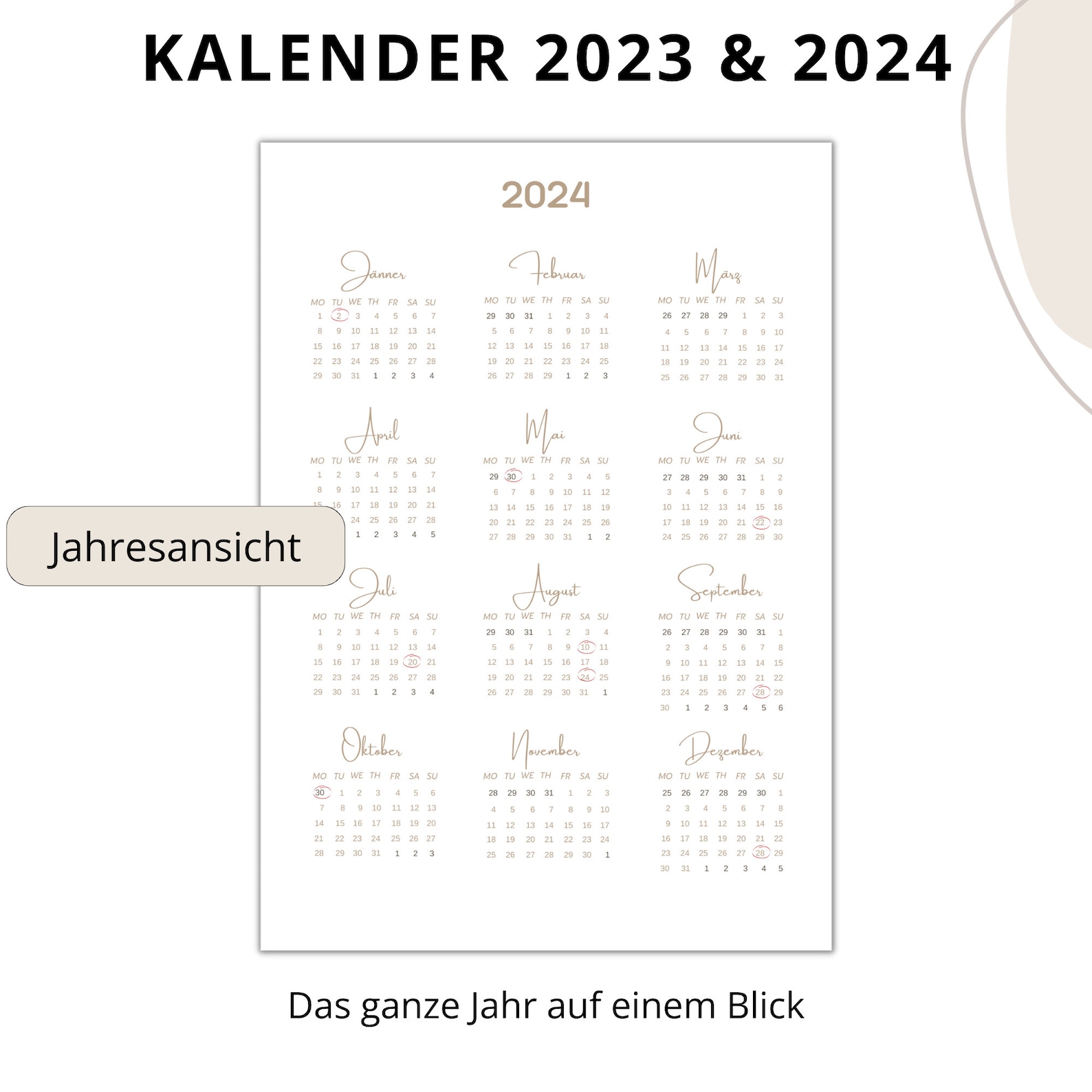 Calendar 2024/ 2023 August Start, Annual Overview, A4 Portrait Format ...