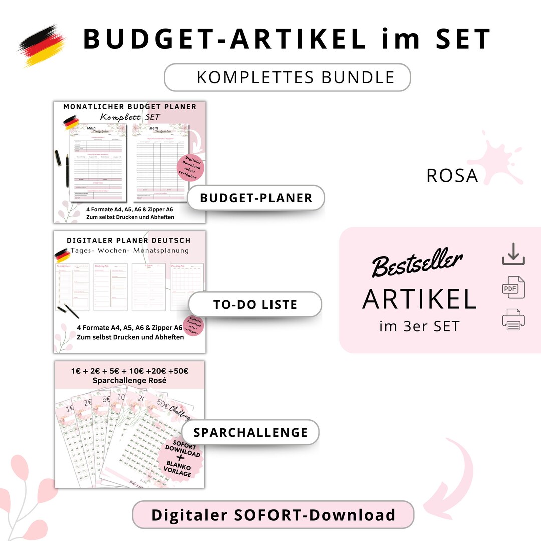 SET Budget Planner German, Savings Challenge, Daily Monthly Planner, To ...