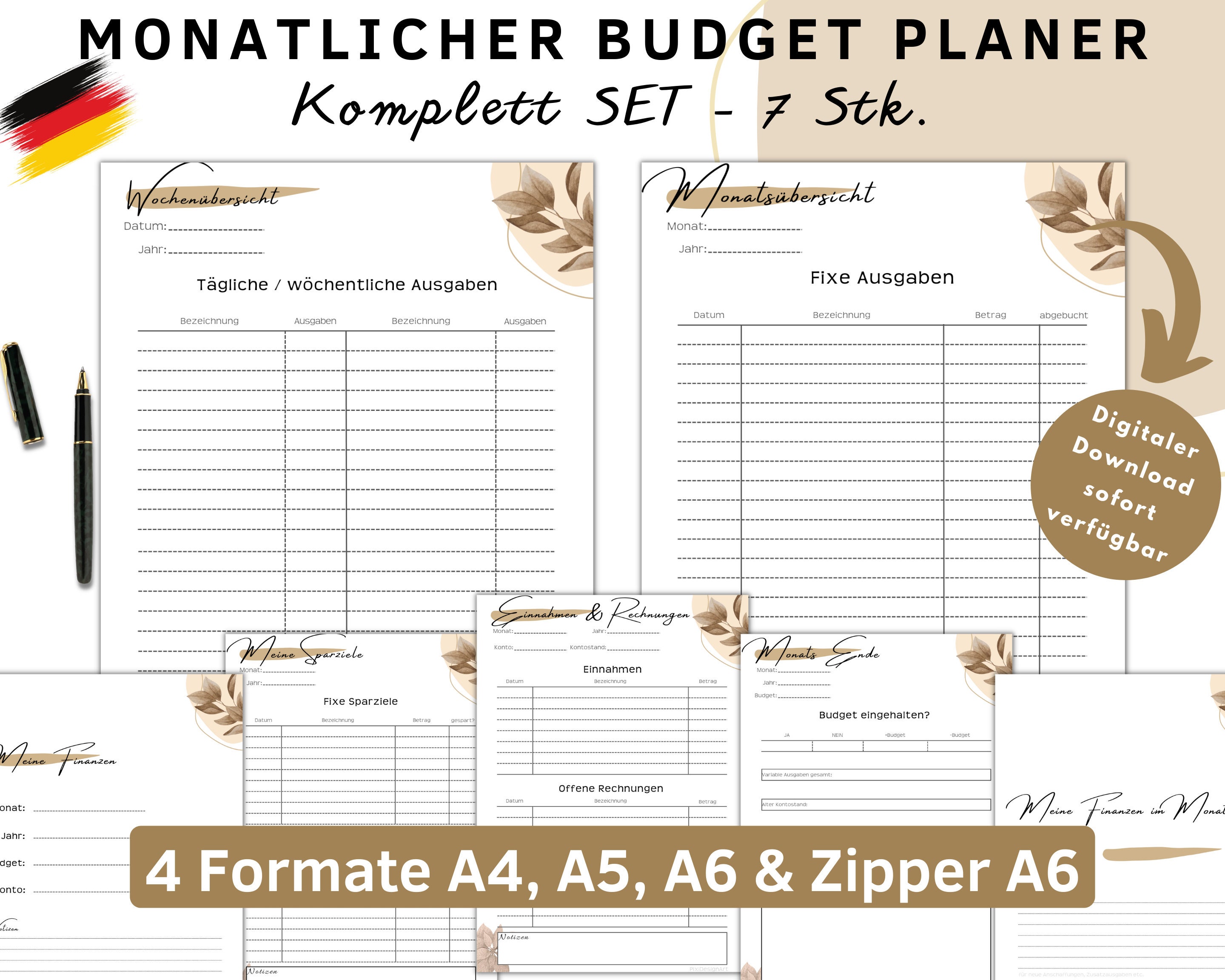 SET Budget Planer Deutsch, A4, A5, A6, Binder A6, Fixkosten ...