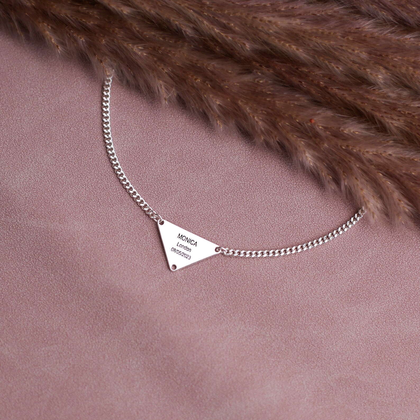 Engraved Triangle Necklace, Custom Triangular Name Necklace, Curb Chain ...