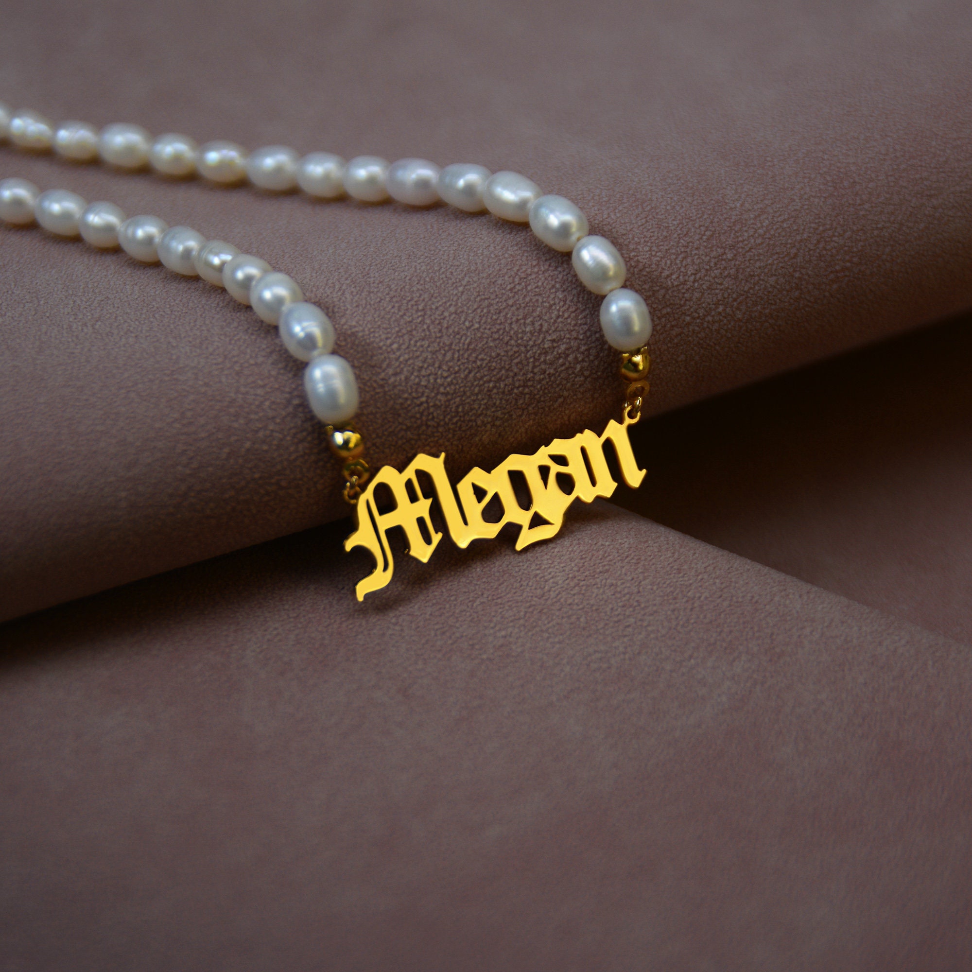 Custom Pearl Name Necklace, Old English Name Necklace, Beaded Name ...
