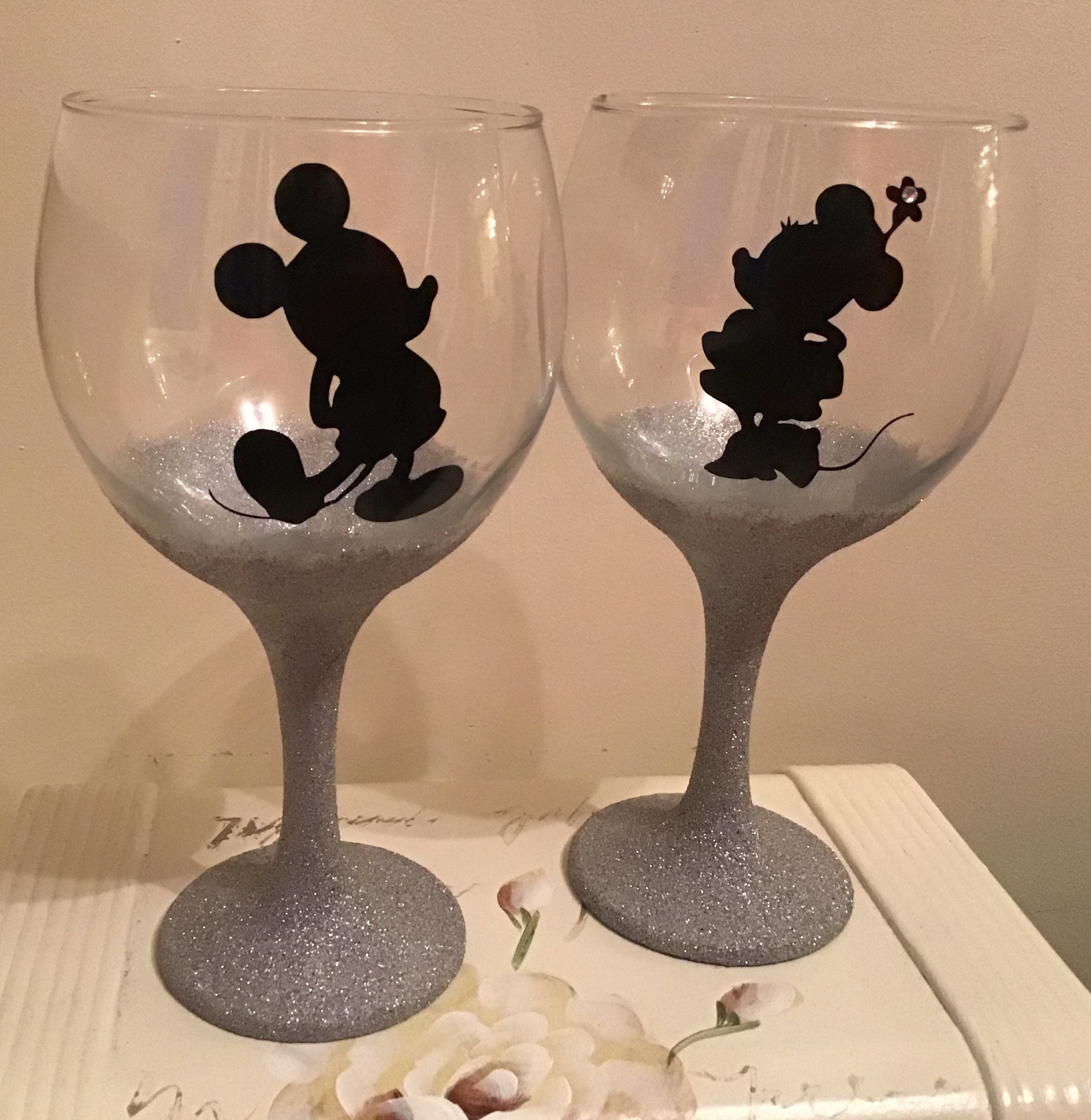 Mickey Mouse and Minnie Mouse, Glitter, Gin Glass, Glitter Glass, 2 Set ...
