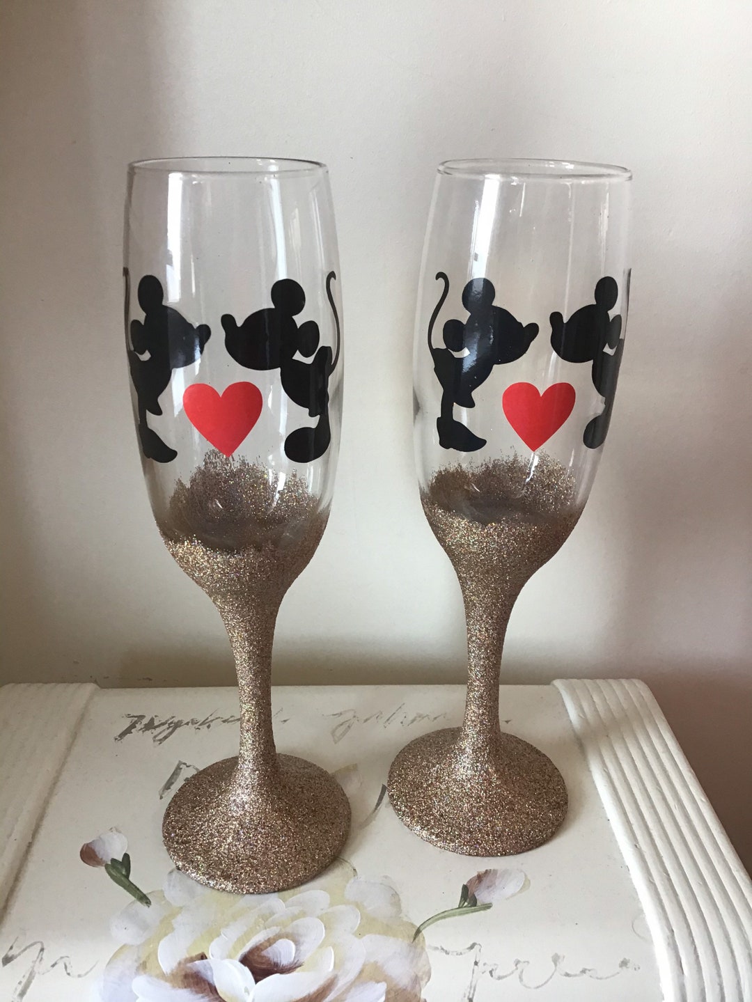 Mickey and Minnie Mouse, Glitter, Prosecco Glass, Glitter Glass, 2 Set ...