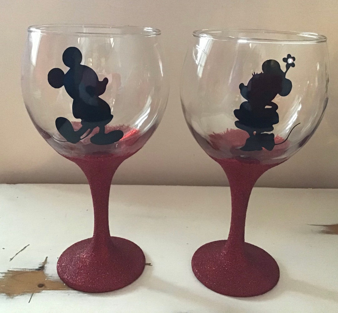Mickey Mouse and Minnie Mouse, Glitter, Gin Glass, Glitter Glass, 2 Set ...
