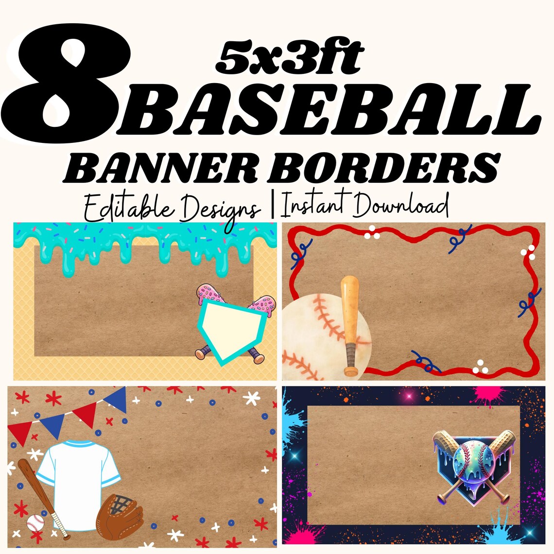 Baseball Banner Border Template Bundle, 60”x36” PNG Files,sprinkles ...