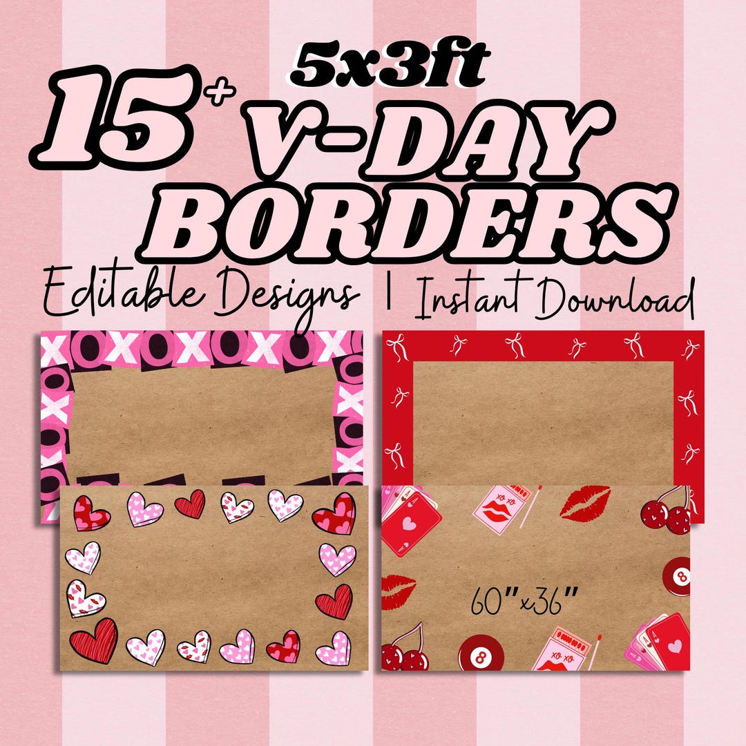 Valentines Day Banner Border Template Bundle, 60”x36” PNG Files,striped ...