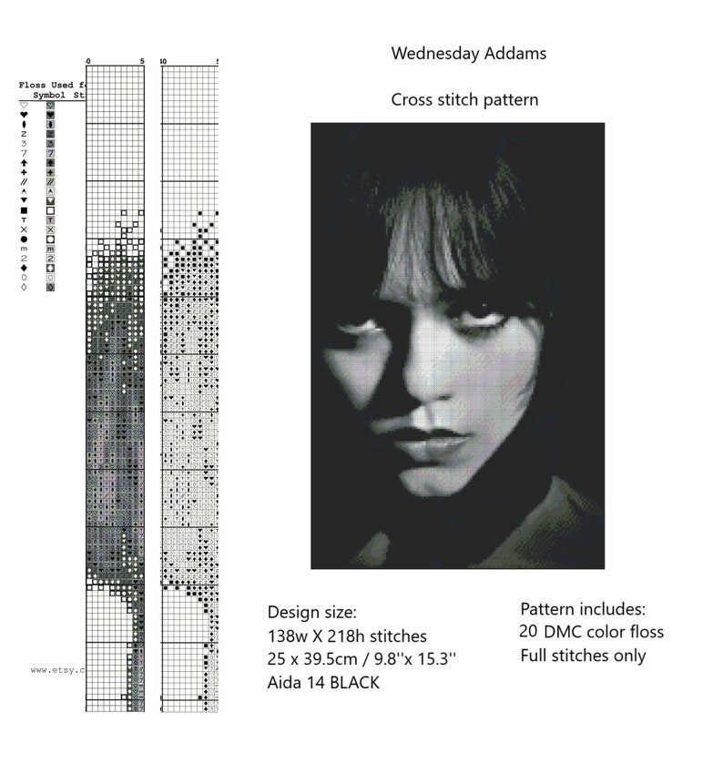 Wednesday Addams Portrait Cross Stitch Pattern: Black Aida Embroidery ...