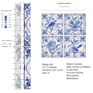 Set of 4 Blue Willow Cross Stitch Pattern, Blue Bird Counted Cross ...