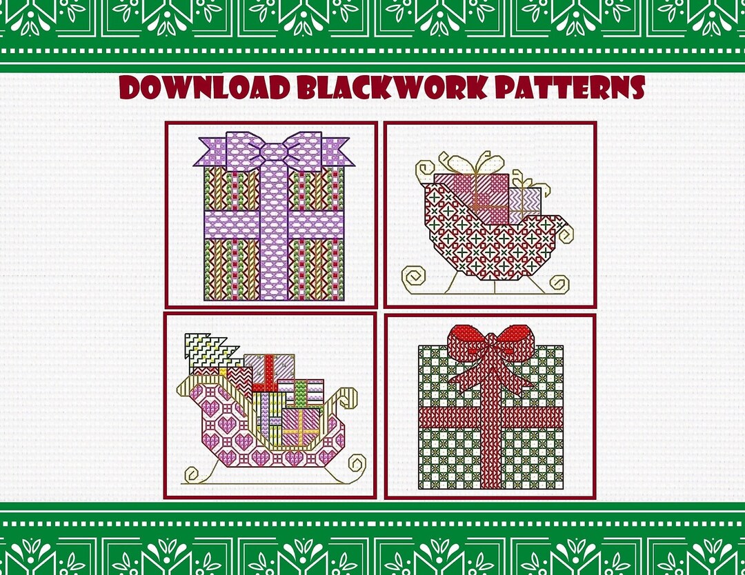 Set of 4 Christmas Ornaments Blackwork Pattern, Santas Sleigh and Gift Boxes Cross Stitch Chart ...