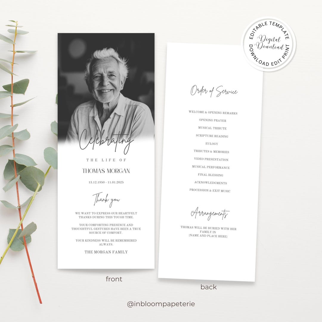 Minimal Double Sided Funeral Program Template Editable Order of Service ...