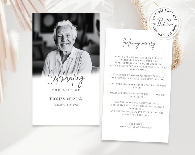 Editable Funeral Prayer Card, 5x7 & 4x6, Celebration of Life, Printable, in Loving Memory ...
