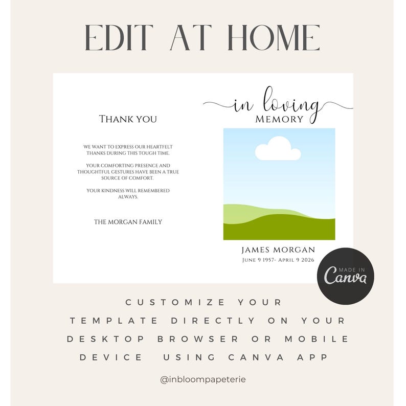 Funeral Program Editable Canva Template, in Loving Memory, Digital ...
