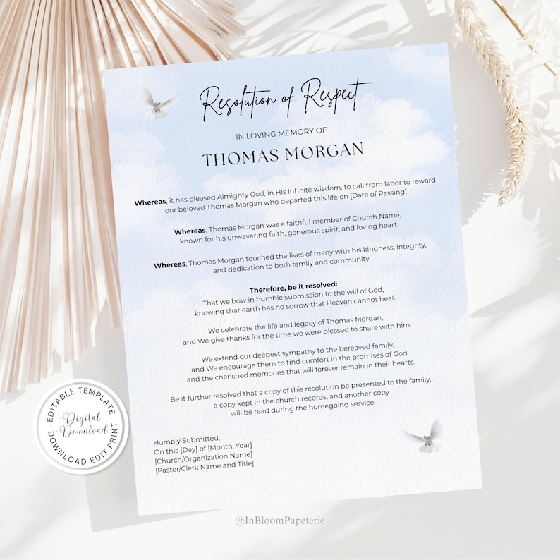 Funeral Resolution Letter Template: Editable Memorial Service Program ...