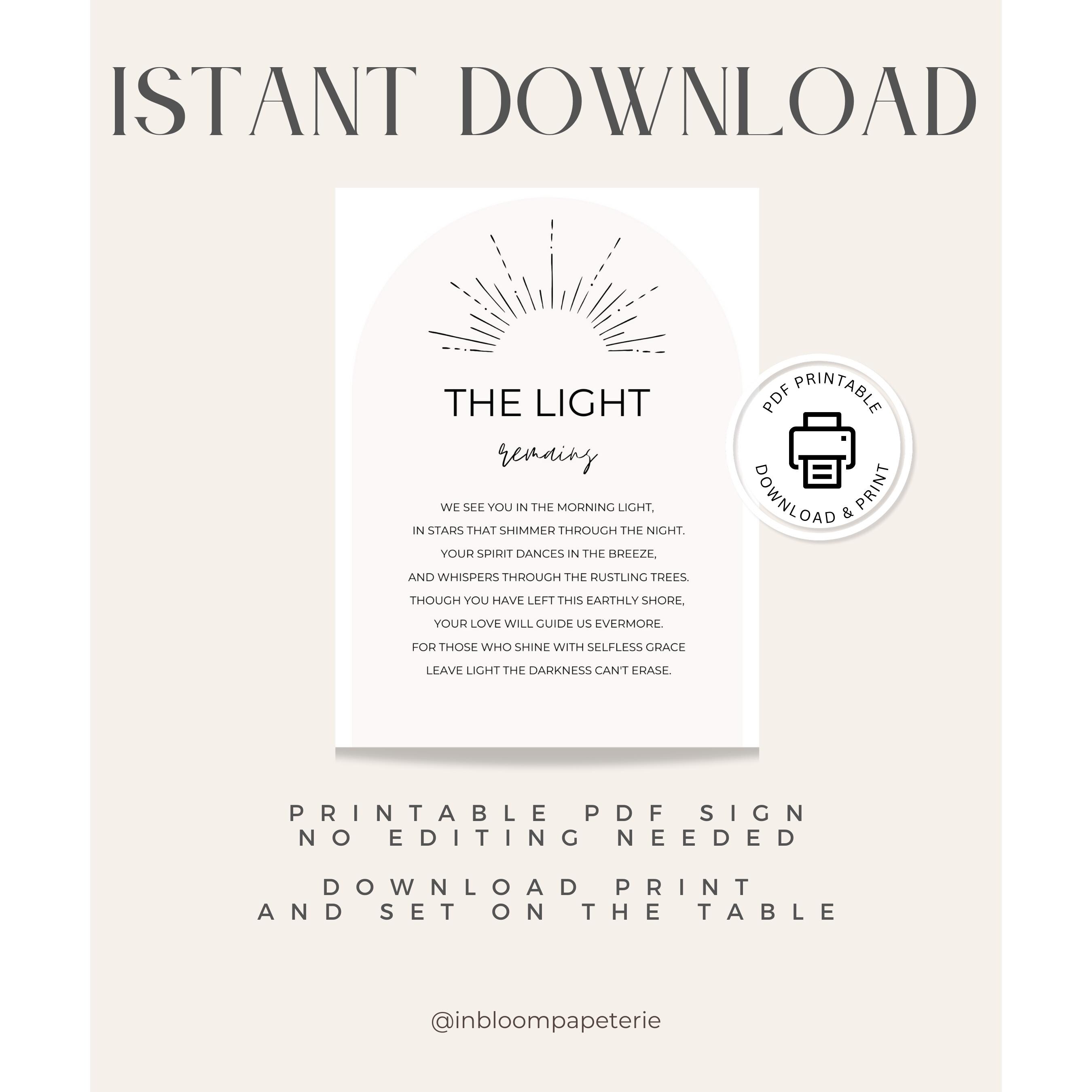 Funeral Poem Print: 'the Light Remains' Memorial Sign (PDF) - Etsy