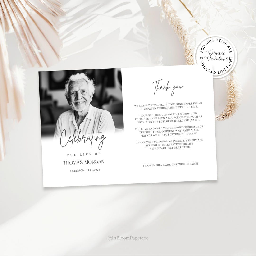 Editable Funeral Thank You Card With the Photo Template, Memorial Thank ...