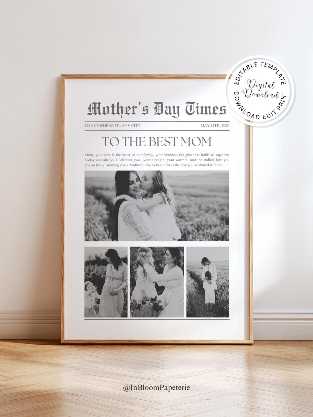 Editable Mother's Day Newspaper Template Personalized Mother's Day Gift ...