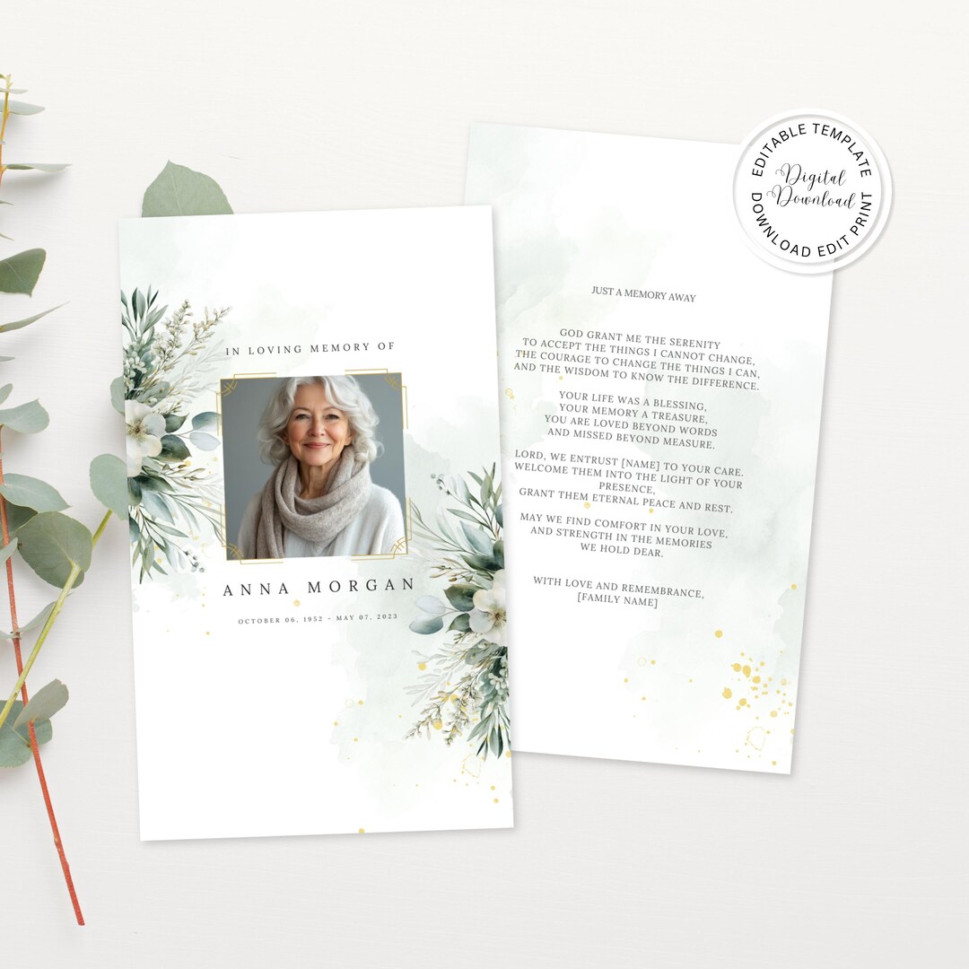 Greenery Funeral Prayer Card Template: Gold Leaves (canva Editable ...