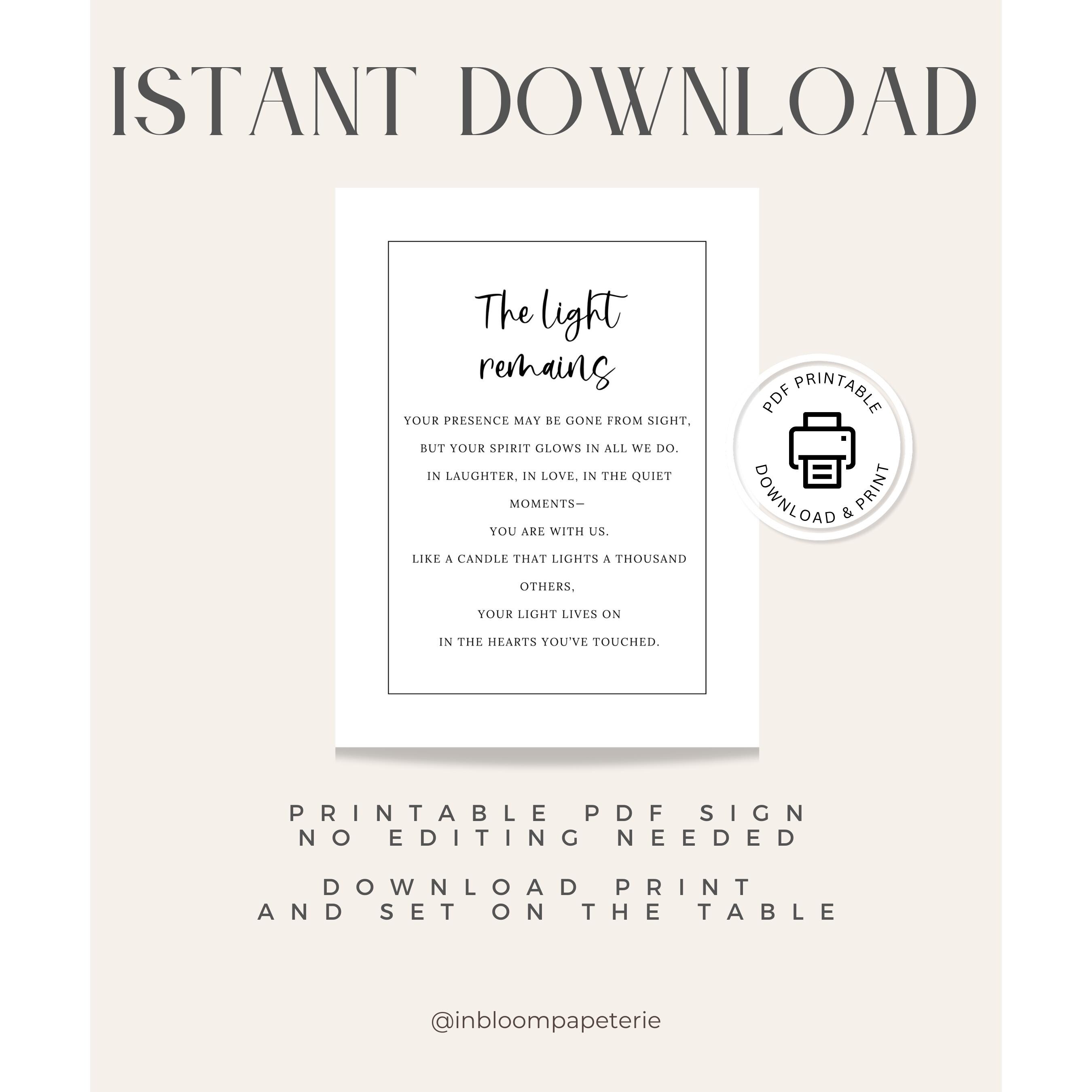 Funeral Poem Printable: 'the Light Remains' Memorial Sign (PDF) - Etsy