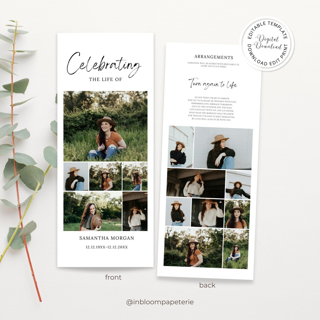 Photo Collage Funeral Program Template: Editable Memorial Service ...