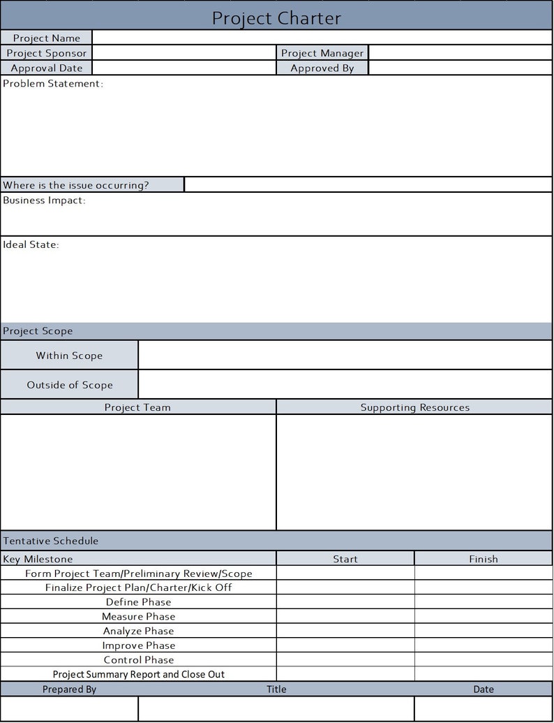 Six Sigma Project Charter Excel Template - Etsy