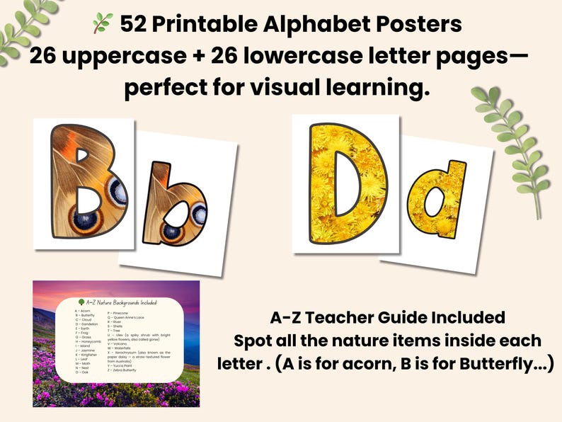 Nature Alphabet Posters & Flashcards for Kids Learning, Reggio Inspired ...