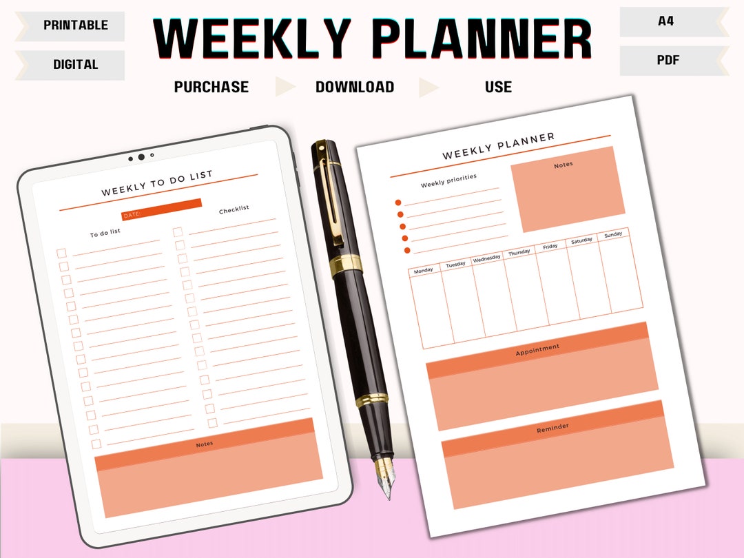 Simple Orange Weekly Planner & to Do List Printable Digital Download ...