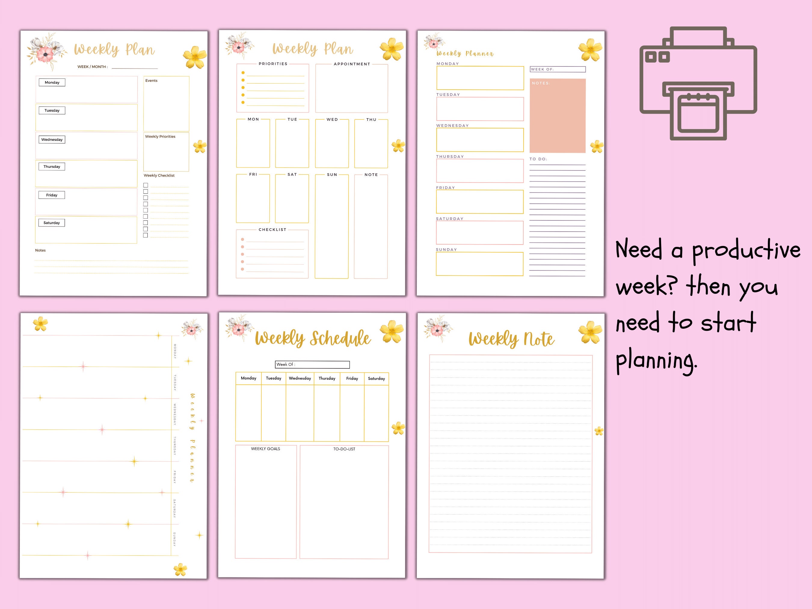 Yellow Floral Weekly Planner Printable Digital Download PDF for iPad ...