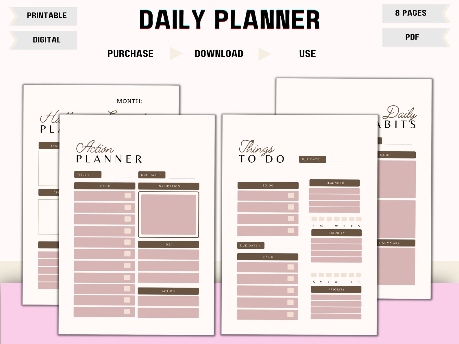 Daily Planner Brown & Pink Printable Digital Download for Goodnotes ...