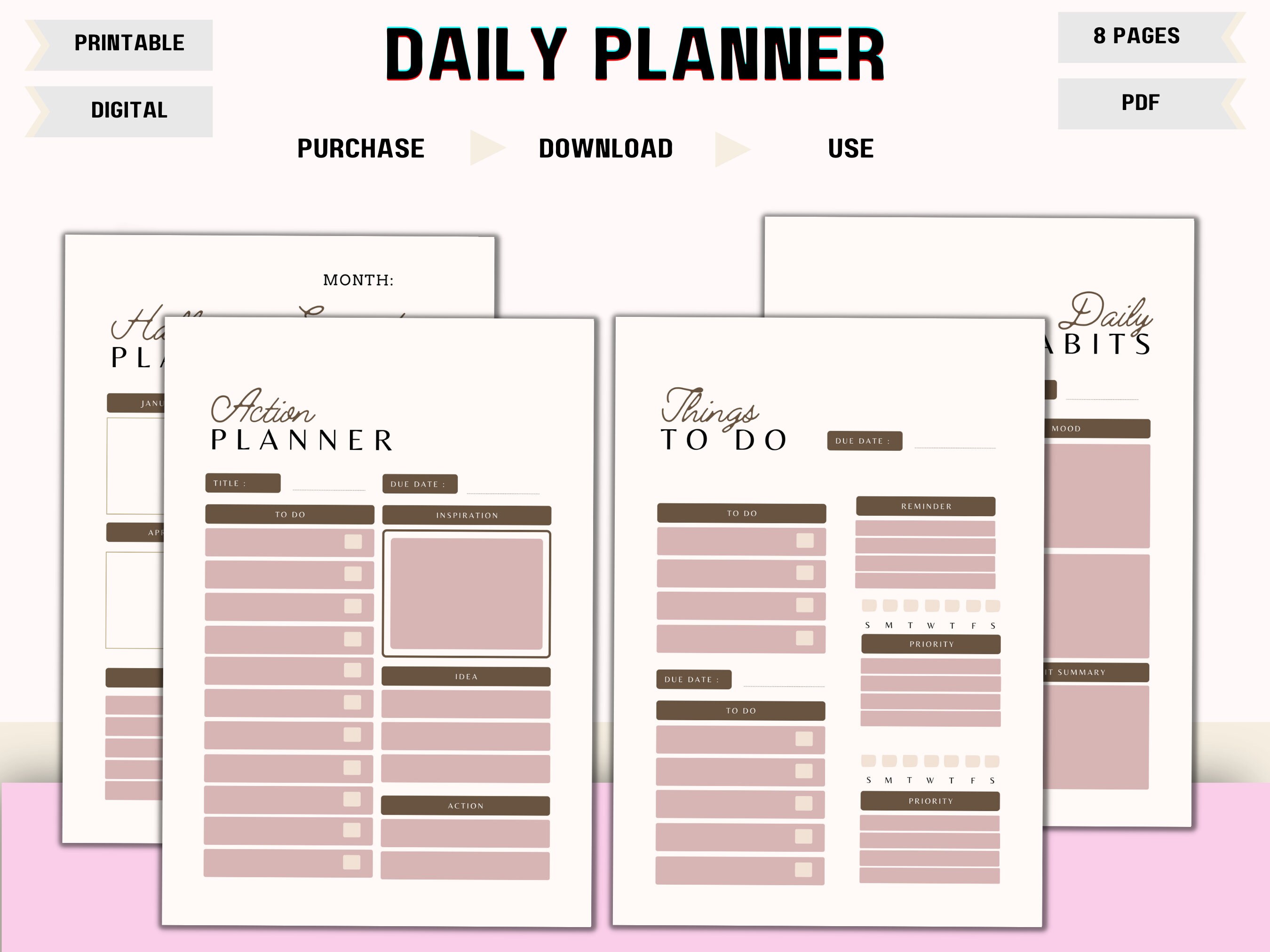 Daily Planner Brown & Pink Printable Digital Download for Goodnotes ...