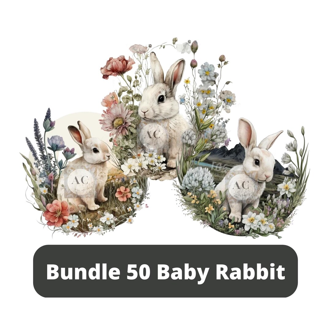 Bundle of 50 Baby Rabbit Clipart Surrounded by Wildflowers, Watercolor ...