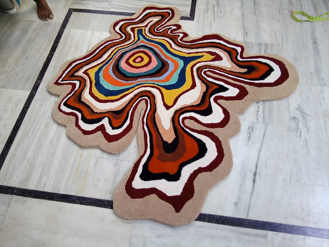 Melting Paint Squiggle Shaped Throw Rug Hand Tufted 100% Wool Handmade ...