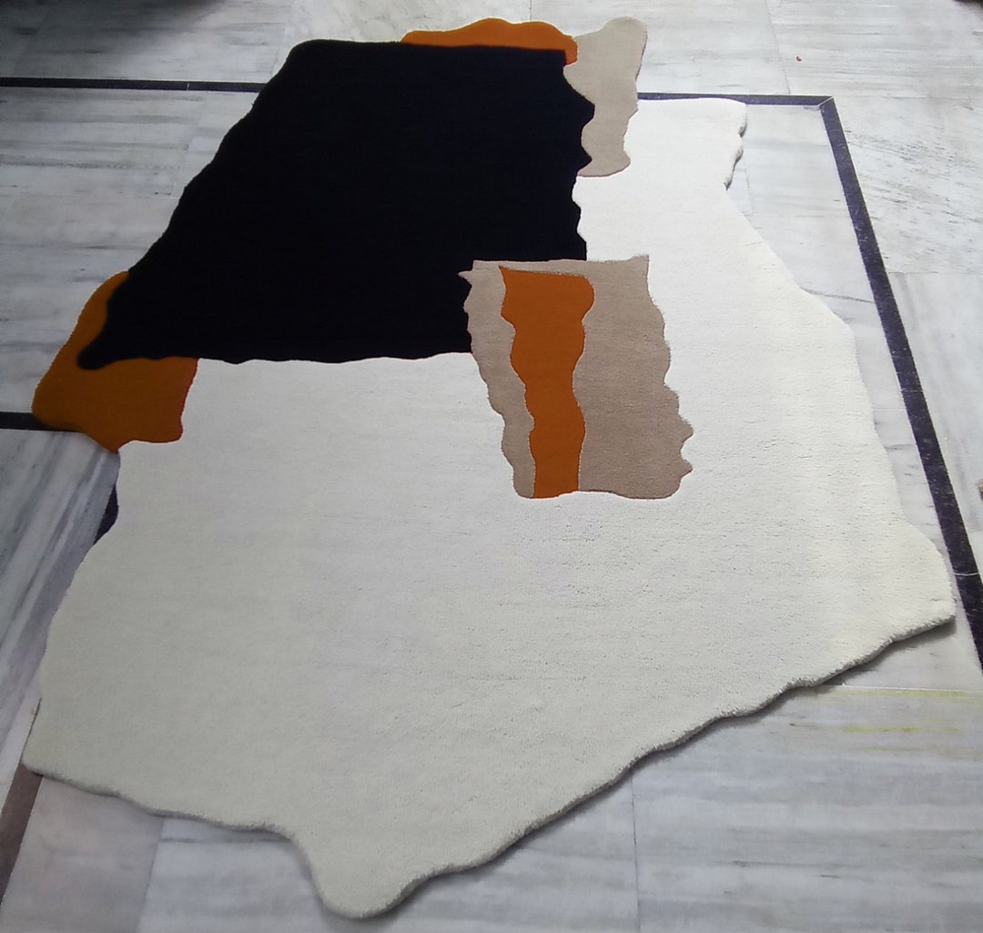 Amoeba Brown Squiggle Shaped Throw Rug Hand Tufted 100% Wool Handmade ...