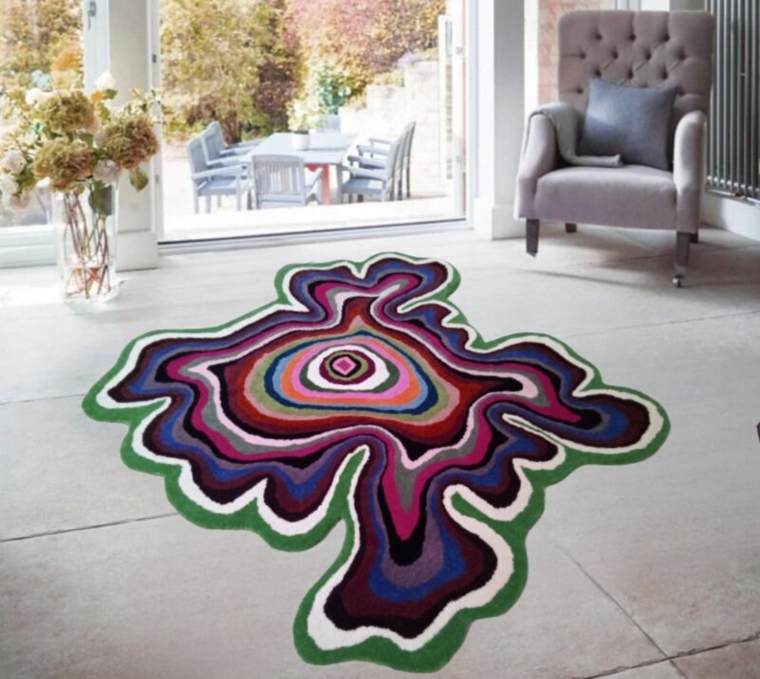 Melting Paint Squiggle Shaped Throw Rug Hand Tufted 100% Wool Handmade ...