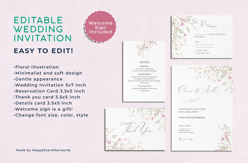 EDITABLE Spring Wedding Invitation Floral, Nice Soft Garden Wedding ...