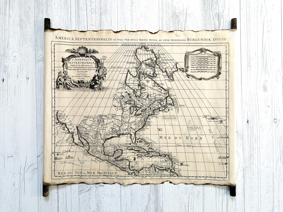 Map of North America 1708. Scroll With Old Map of North America, America Septentrionalis Scroll ...