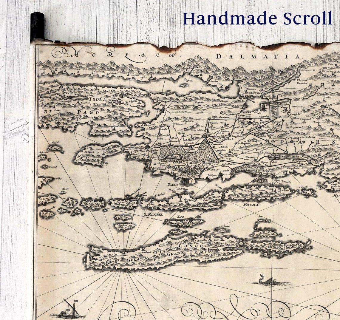 1650 Old Map of Dalmatia & Croatia on Handmade Scroll, Atlantis Majoris ...