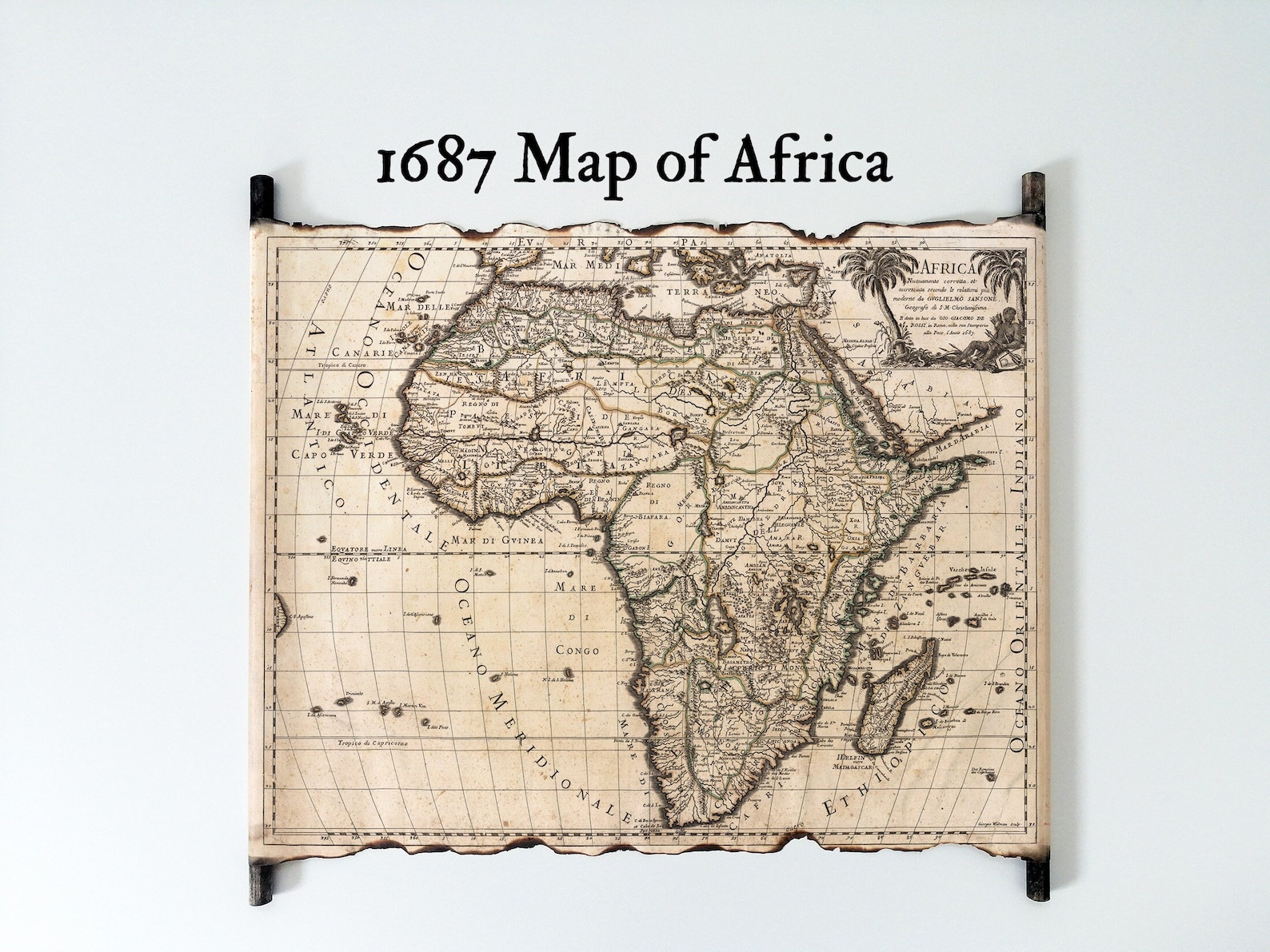 1687 Map of Africa on Handmade Scroll, L'africa, Old Map of Africa ...