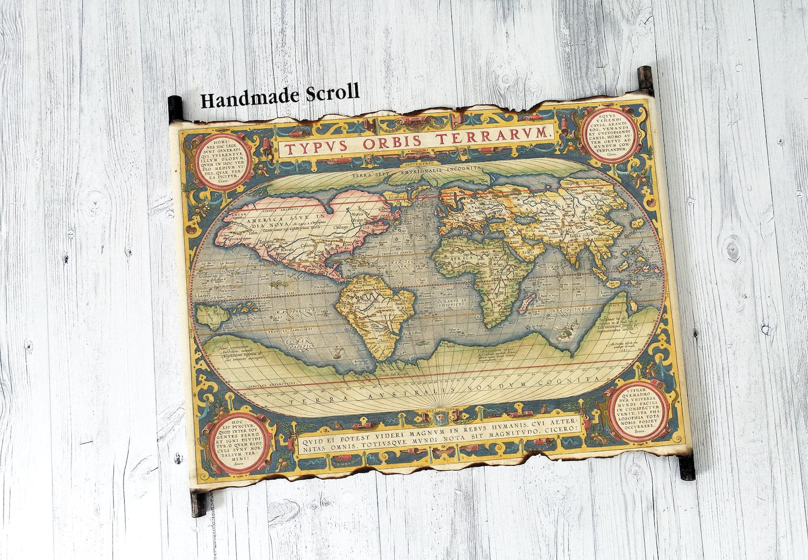 Vintage World Map on Handmade Scroll, Typus Orbis Terrarum Antique World Map, First Modern World ...
