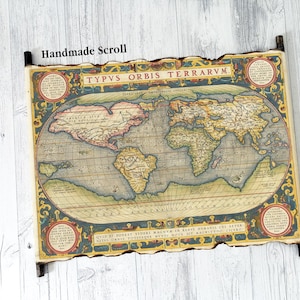 Vintage World Map on Handmade Scroll, Typus Orbis Terrarum Antique World Map, First Modern World ...