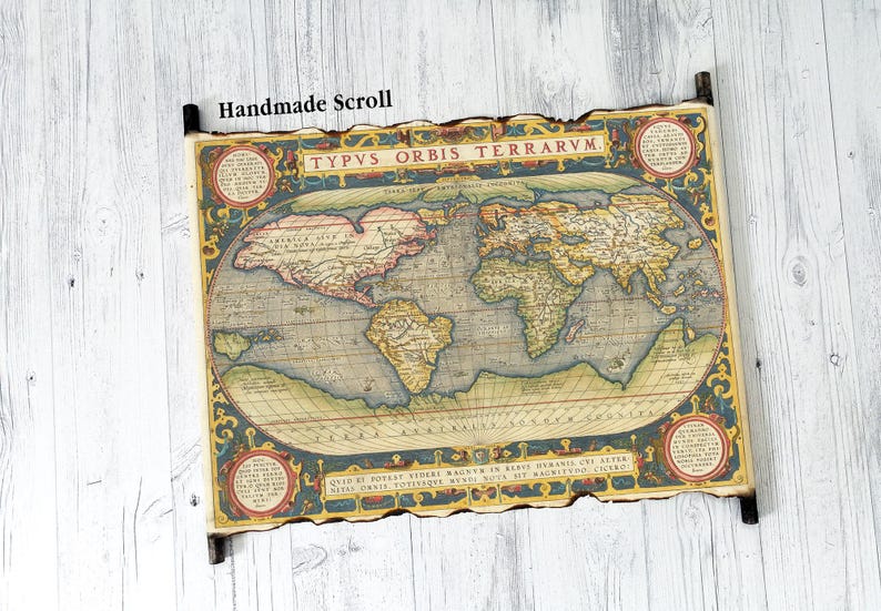 Vintage World Map on Handmade Scroll, Typus Orbis Terrarum Antique ...