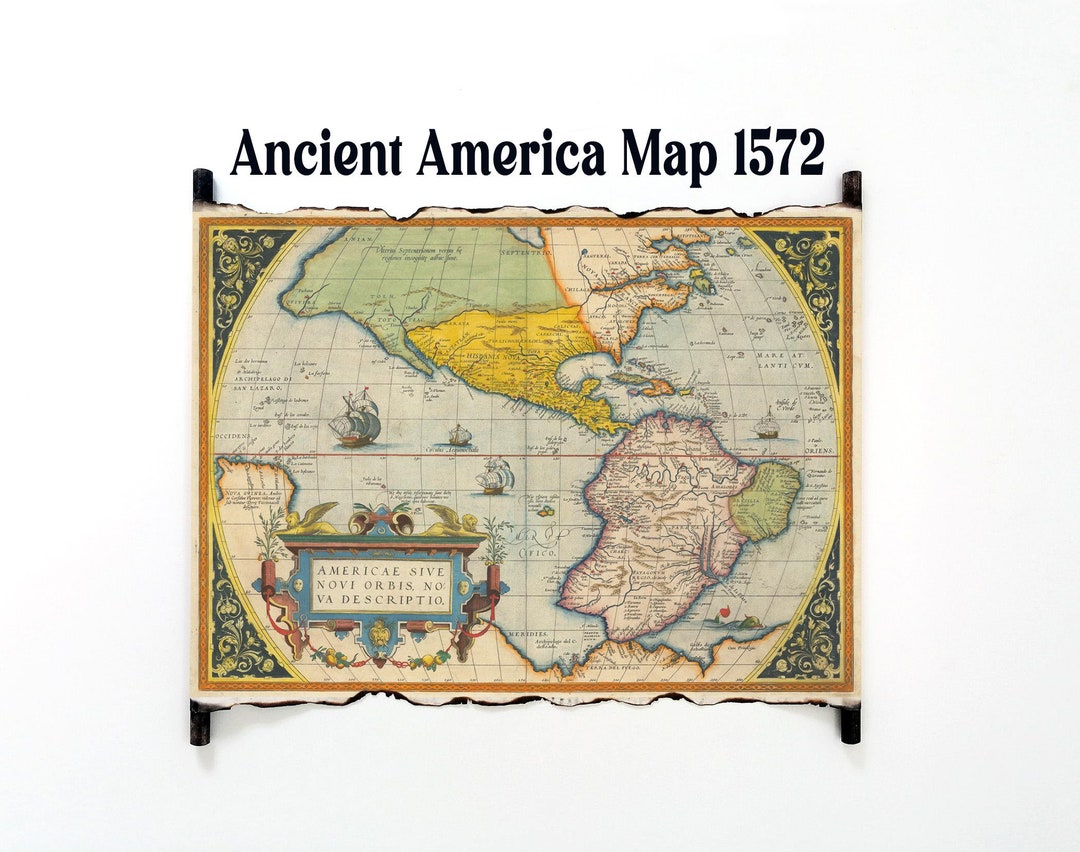 Ancient America Map 1572 on Handmade Scroll, 16th Century Vintage Map ...