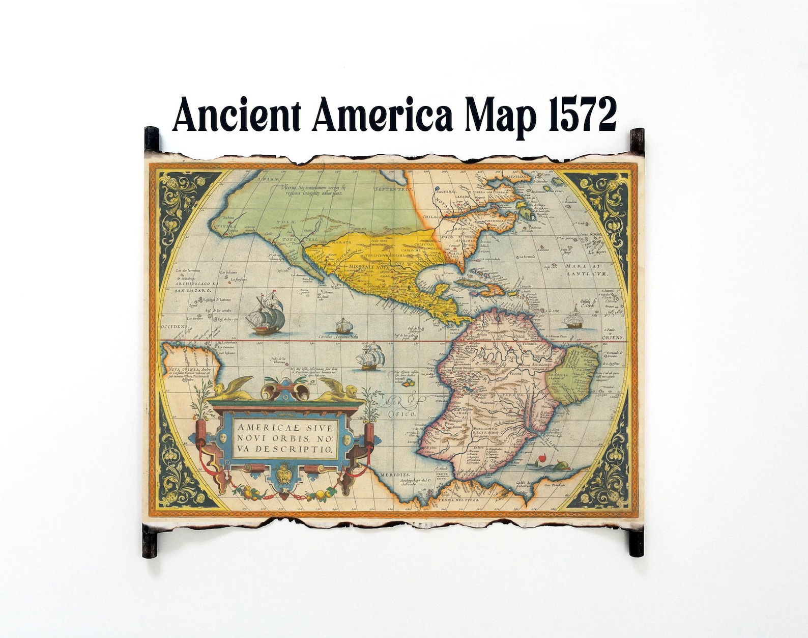 Ancient America Map 1572 on Handmade Scroll, 16th Century Vintage Map ...