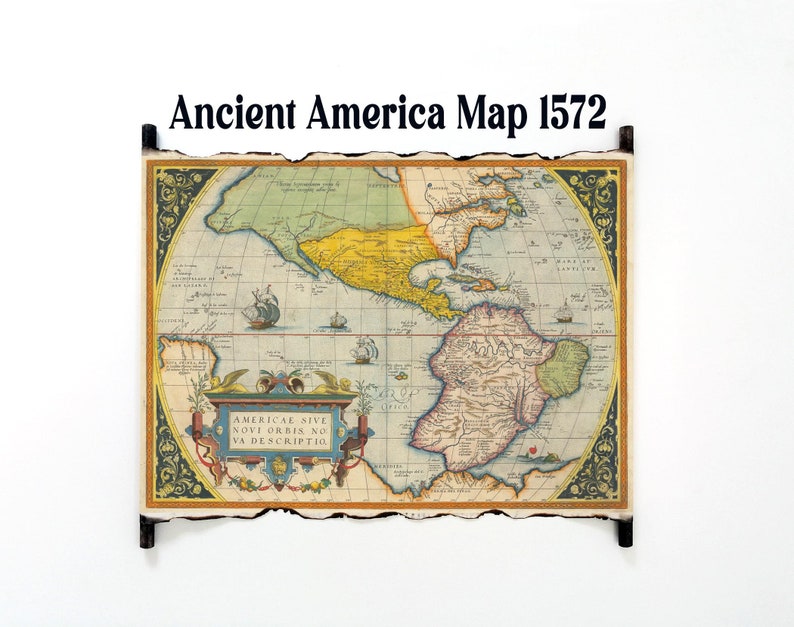 Ancient America Map 1572 on Handmade Scroll, 16th Century Vintage Map ...