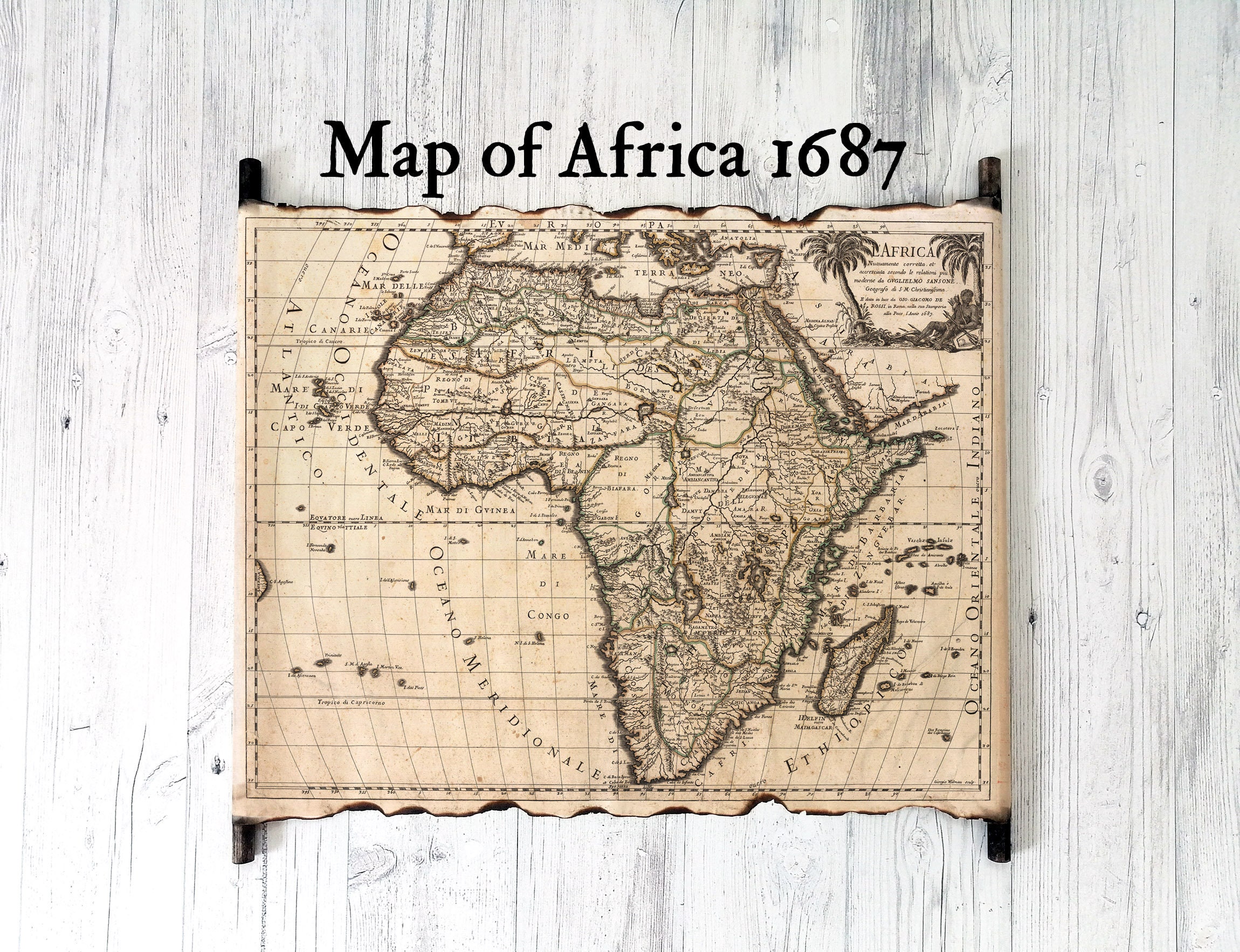 1687 Map of Africa on Handmade Scroll, L'africa, Old Map of Africa ...