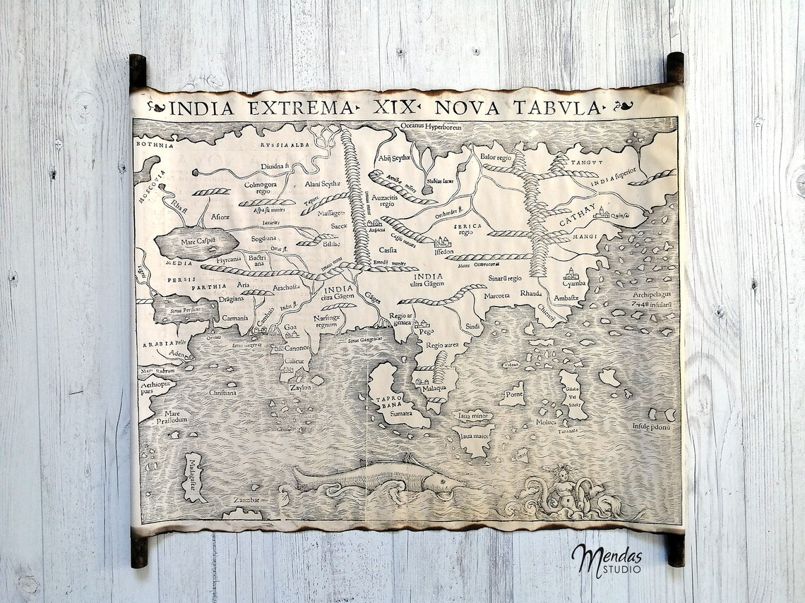 Old Map of Asia 1540 on Handmade Scroll, India Extrema XIX Nova Tabula ...