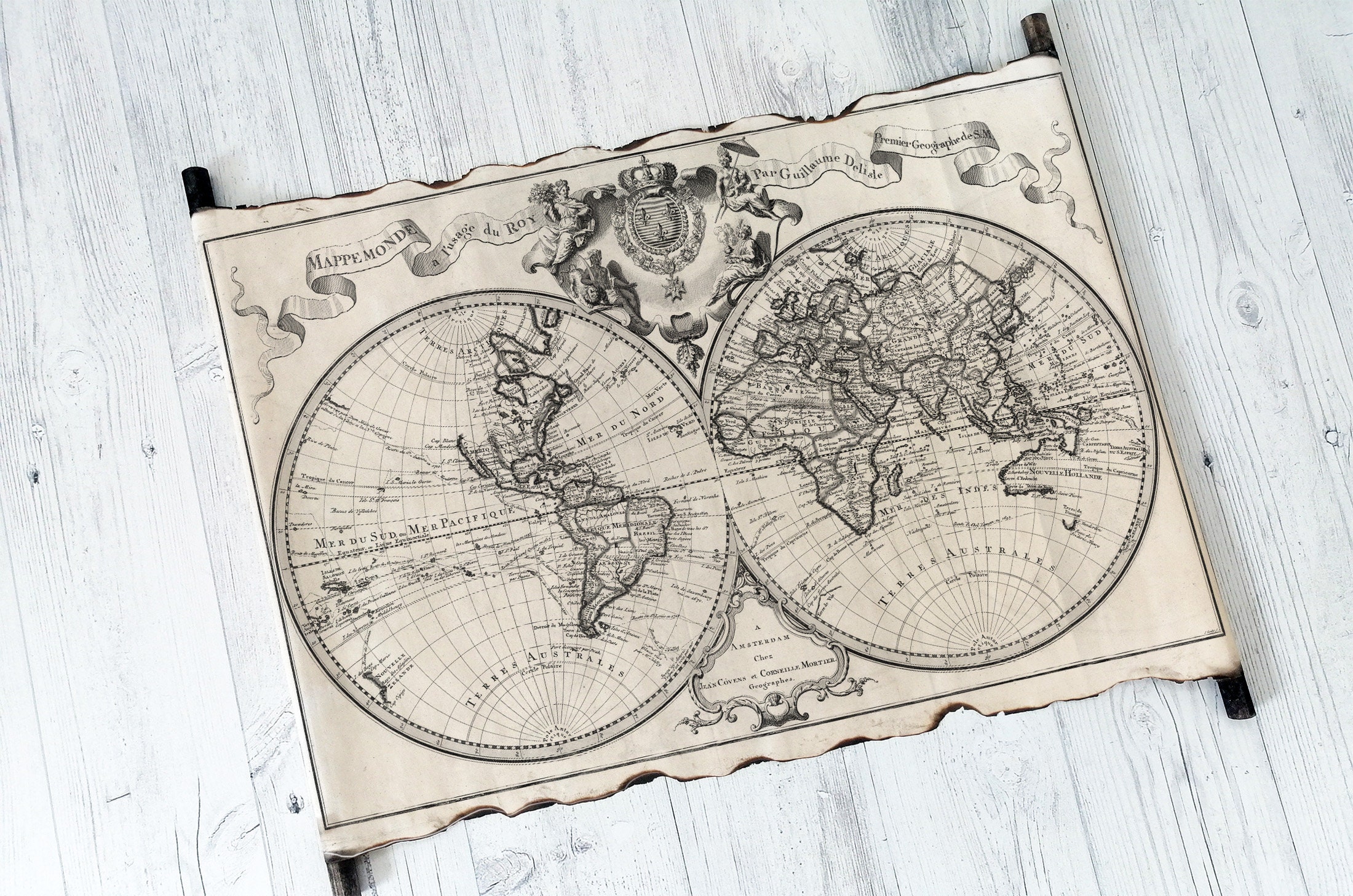 Old World Map 1742., Double Hemisphere World Map of 1742 by Lisle ...