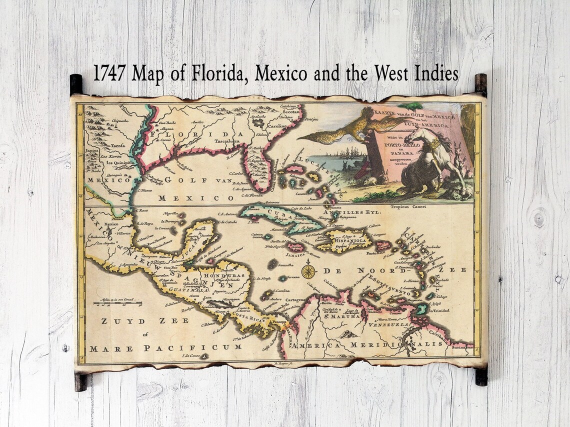 1747 Old Map of Florida, Mexico and the West Indies, the Caribbean ...