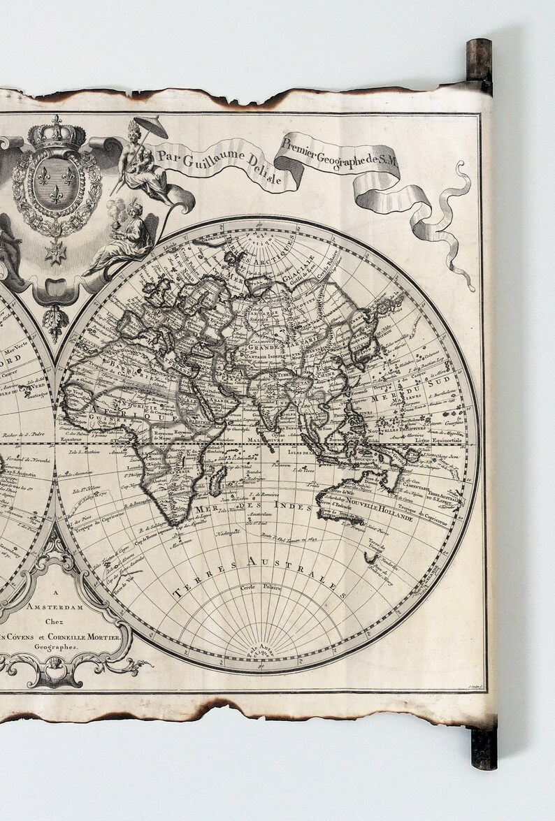 Old World Map 1742., Double Hemisphere World Map of 1742 by Lisle ...