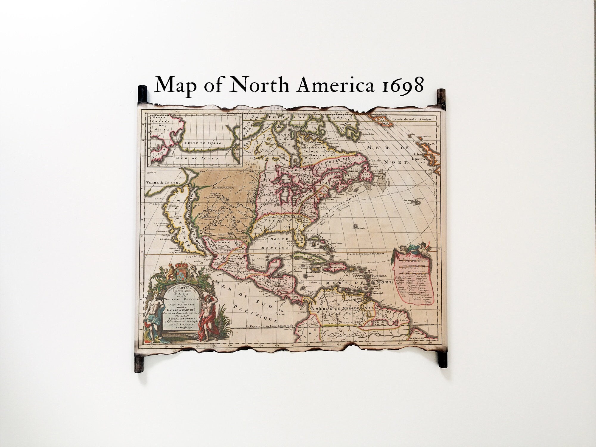 1698 Louis Hennepin Map of North America on Handmade Scroll, Old ...
